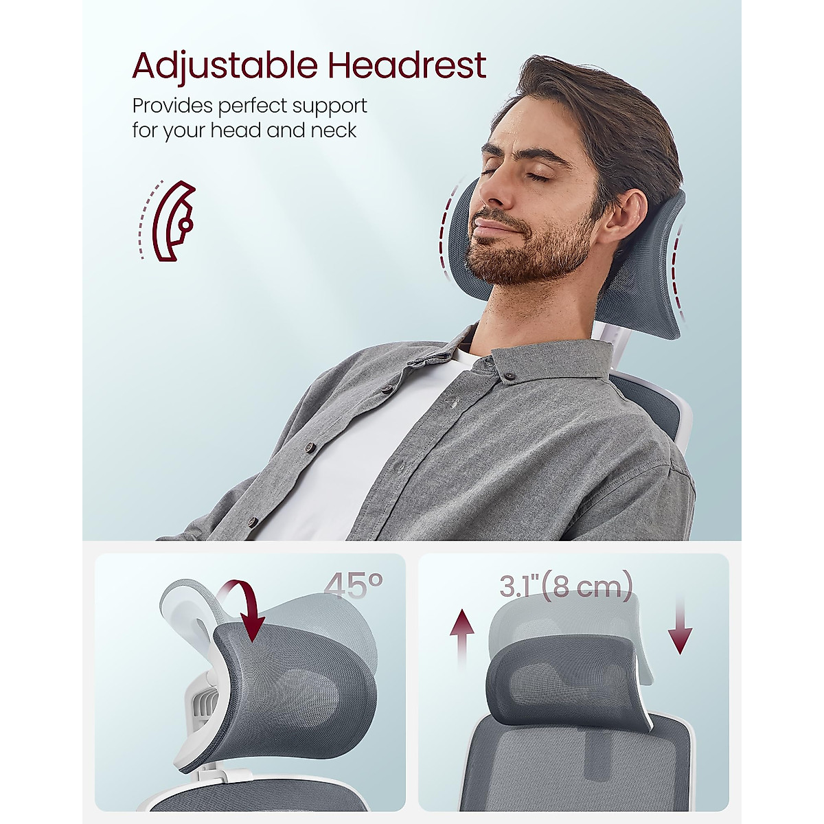 VASAGLE Office Chair, Ergonomic Design, Lumbar Support, High Back Desk Chair, Mesh Computer Chair, Foldable Armrests, Adjustable Headrest, Tilt Function, for Home Office, Dove Gray UOBN040G21