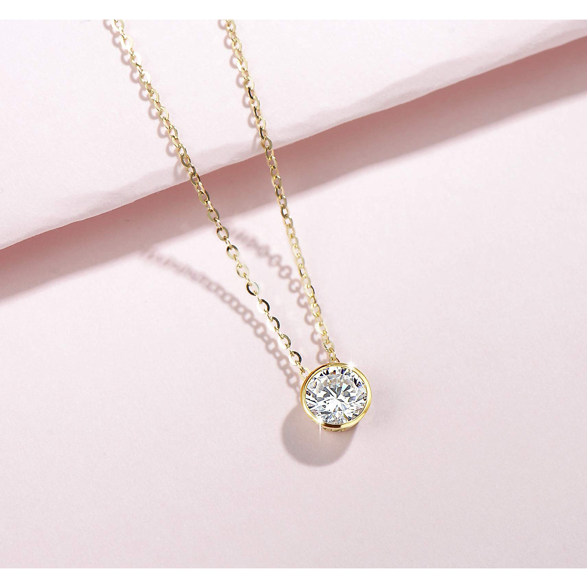 FANCIME 14k Solid Yellow Gold 1 Carat 6.5mm Moissanite Classic Bezel Set Solitaire Gemstone Pendant Necklace for Women Girls, Gold Chain 16 + 2 inch Extender