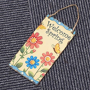 OULII Easter Gift Happy Easter Plaque Wooden Hanging Plaque Festival Wall Door Decorative Sign Hanger Home Decoration Photo Props Favors (Welcome Spring)