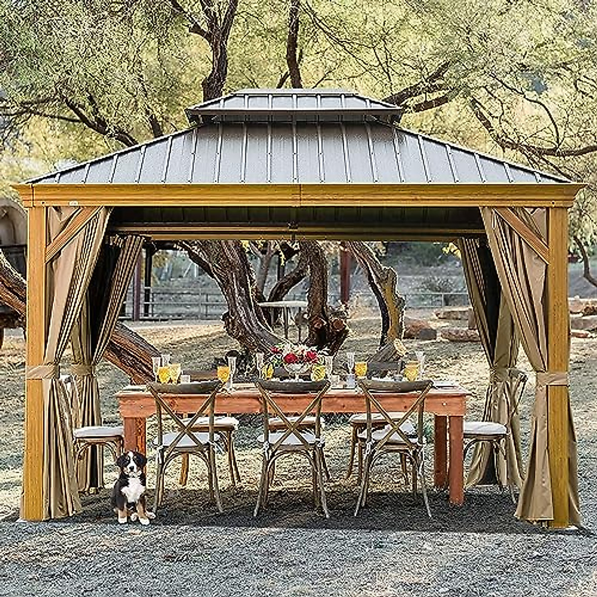 12' x 14' Hardtop Gazebo, Domi Wood Looking Aluminum Gazebo with Galvanized Steel Double Roof, Permanent Metal Gazebo with Curtains and Netting for Patio Lawn and Garden