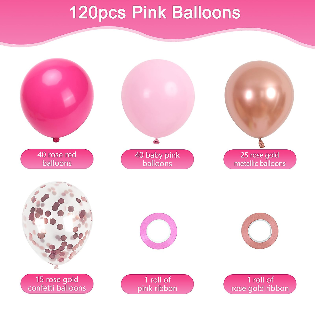 RUBFAC 120pcs 12 Inches Pink Balloons Arch Garland Kit, Hot Pink Rose Gold Metallic Balloons for Birthday Shower Princess Theme Party Background Decorations