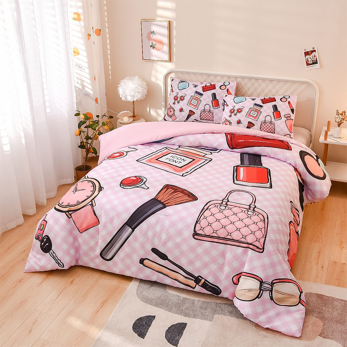Aimuan Fashion Girl Comforter Sets Cosmetic Perfume Bag Lipstick Diva Pink Quilt Set Nail Polish Pattern Decorative Quilted 3 Pcs Makeup Bedding Set with 2 Pillowcases (Pink, Twin)