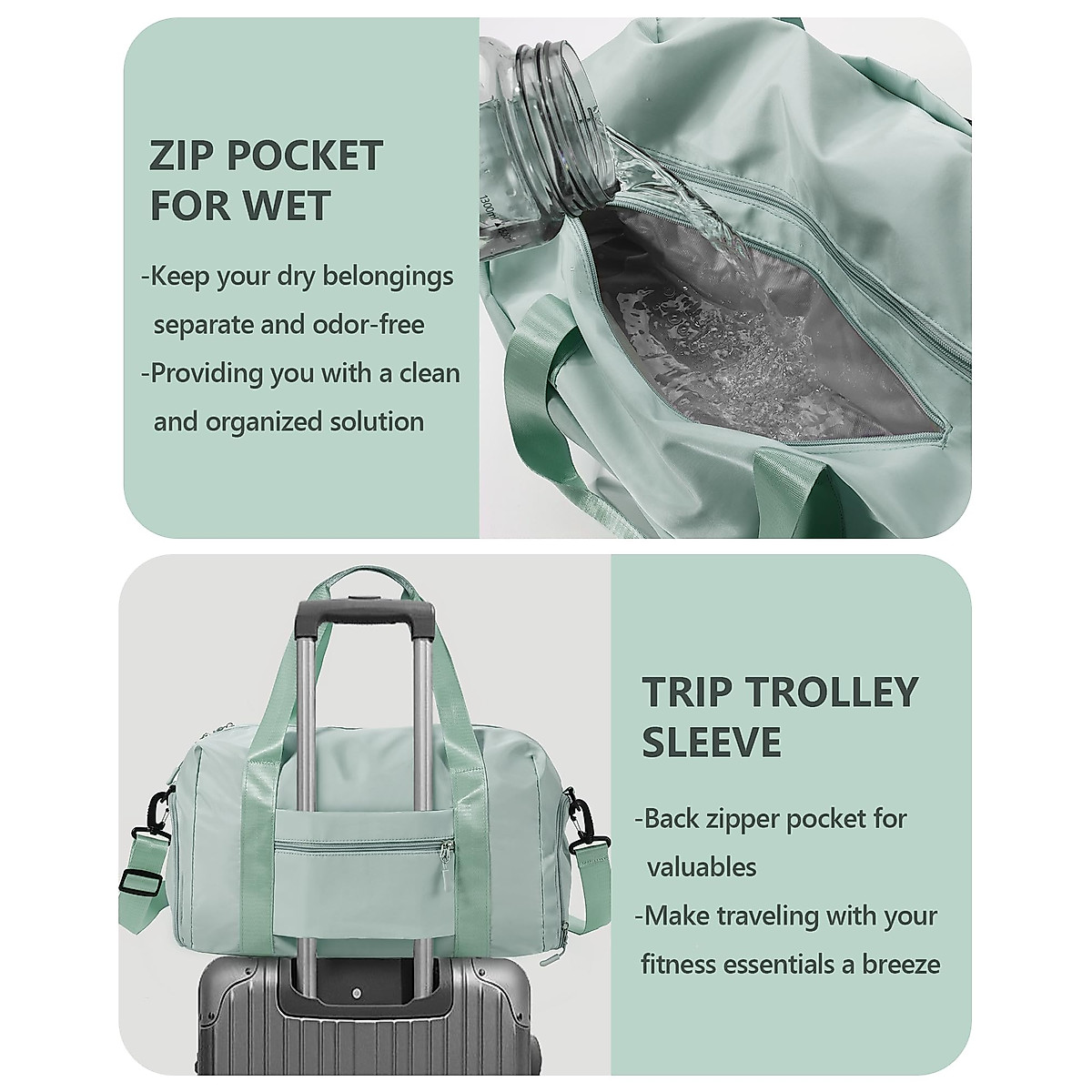 Unineovo Green 30L Gym Duffel Workout Bag with Trolley Sleeve Wet Pocket Shoes Toiletry Bag Overnight Weekender Bag