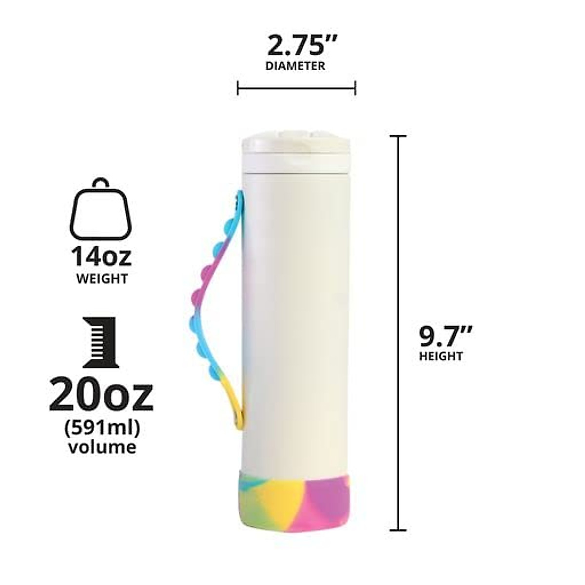Elemental Iconic Pop Kids Water Bottle for School Girls and Boys | Triple Insulated Stainless Steel Thermos with Straw Lid & Fidget Handle | Flask Water Bottle | BPA free Tumbler, 20oz - White Tie Dye