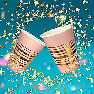 DiggHous KSG Elegant Light Pink and Gold Striped Paper Party Cups 12 oz - Pack of 50 Disposable Cups - Perfect for Bachelorette Baby Shower Birthdays - Hot and Cold Beverages
