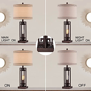 KIVDITZO Rustic Farmhouse Table Lamps with Night Light Set of 2 Dark Bronze Finish Round Shade 5V/2A USB Charging Ports Nightstand Lamp for Living Room Bedroom Home Office Study.