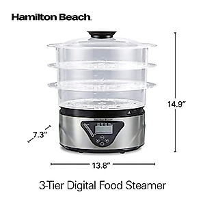 Hamilton Beach Digital Electric Food Steamer & Rice Cooker for Quick, Healthy Cooking with Stackable Three-Tier Bowls for Vegetables and Seafood, 8.25 Quart, Black & Stainless Steel
