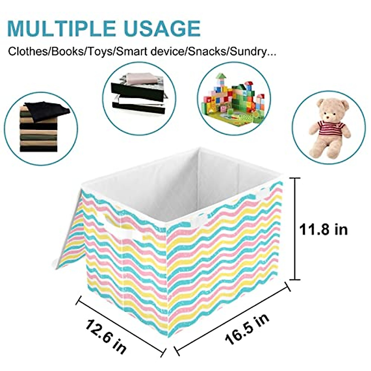 CaTaKu Cute Rainbow Waves Storage Bins with Lids Fabric Large Storage Container Cube Basket with Handle Decorative Storage Boxes for Organizing Clothes Shelves