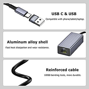 USB C to RJ45 Ethernet LAN Network Adapter + Aluminum USB Male to USB C Female Adapter Compatible with MacBook Pro Air iPad Surface Book Chromebook Dell XPS Galaxy S23