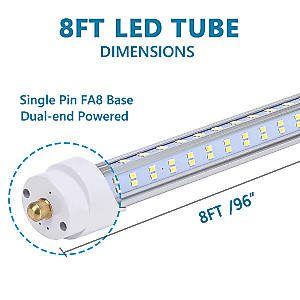 FTUBET 10PCS, 8FT LED Bulbs, 5000K 144W 18800LM 8FT Led Shop Light Bulbs, FA8 Single Pin Base V Shaped Clear Cover 8 Foot Led Bulbs, T8 T10 T12 Led Tube Lights Replacement