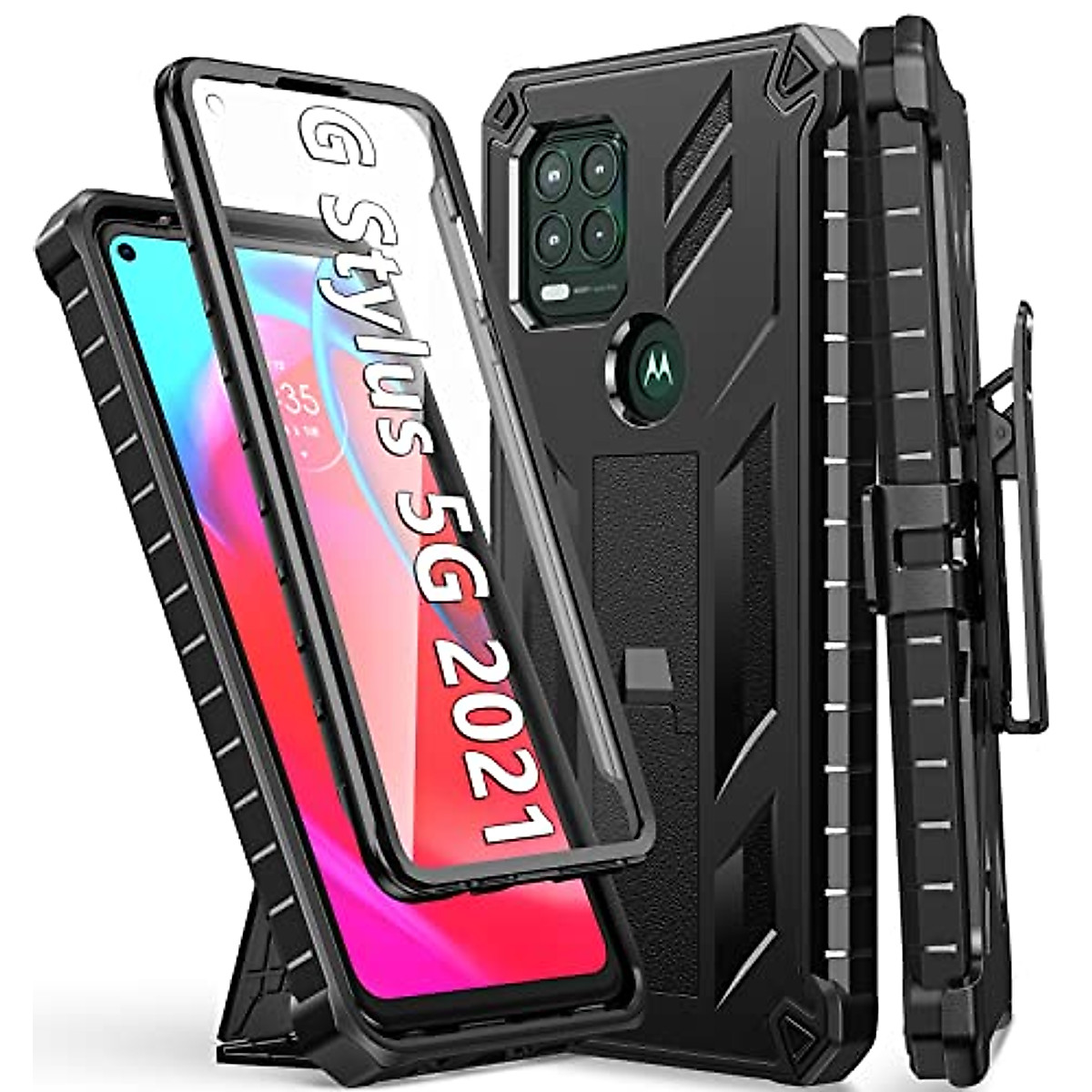 for Motorola Moto G Stylus 5G (2021) Case: Built-in Screen Protector Kickstand Full-Body Military Grade Three-Layer Protective Shockproof Rugged Phone Cover with Belt Clip Holster Black