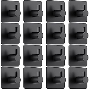 Shimeyao 16 Pcs Black Adhesive Hooks Heavy Duty Wall Hooks Bathroom Towel Hook Matte Black Stainless Steel Waterproof for Hanging Coat Hat Towel Robe Key Clothes Office Kitchen Bathroom