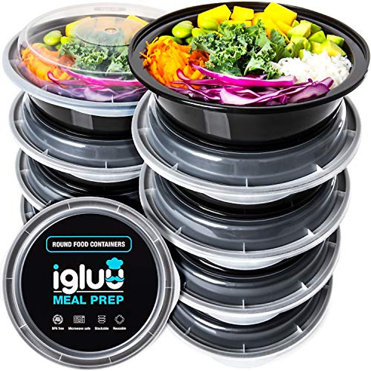 Igluu Meal Prep Round Plastic Containers - New Improved Lid - Reusable BPA Free Food Containers with Airtight Lids - Microwavable, Freezer and Dishwasher Safe - Stackable Salad Bowls - [20 Pack, 28oz]