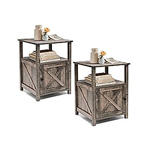 JOINHOM Farmhouse Nightstand Bedroom, End Table with Barn Door and Shelf, Wooden Side Table for Living Room, Office, Bedroom