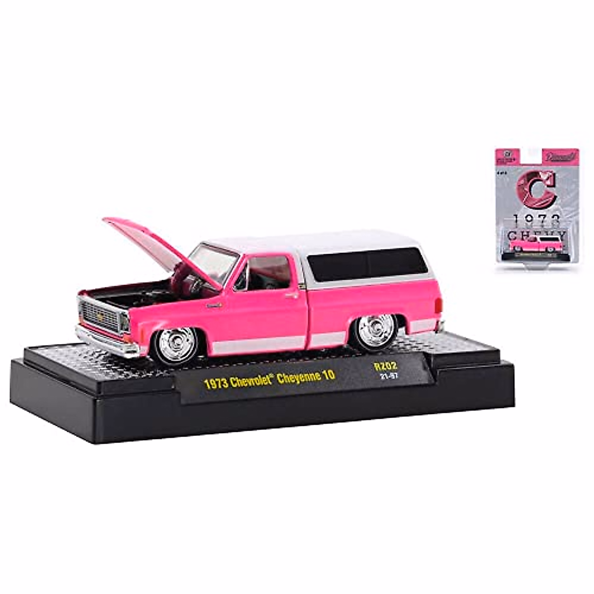 1973 Chevy Cheyenne 10 Pickup w/Camper Shell C Bright Pink w/White Top Diecastz Collectors Ltd Ed 1/64 Diecast Model M2 Machines 31500-RZ02-C