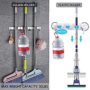 JEWJIO Broom Mop Holder Wall Mounted - Broom Storage Rack Utility Hanger 3 Racks 4 Hooks for Bathroom Home Kitchen Office Closet Garage Stainless Steel Heavy Tool Storage Rack (15 Inch)