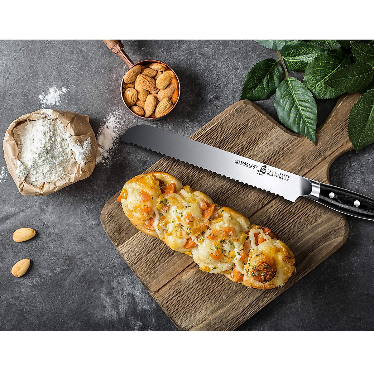WALLOP Bread Knife 9 inch, Serrated Kitchen Slicing Knife - German High Carbon Stainless Steel, Full Tang Pakkawood Handle, Gift Box Included Black Hawk Series
