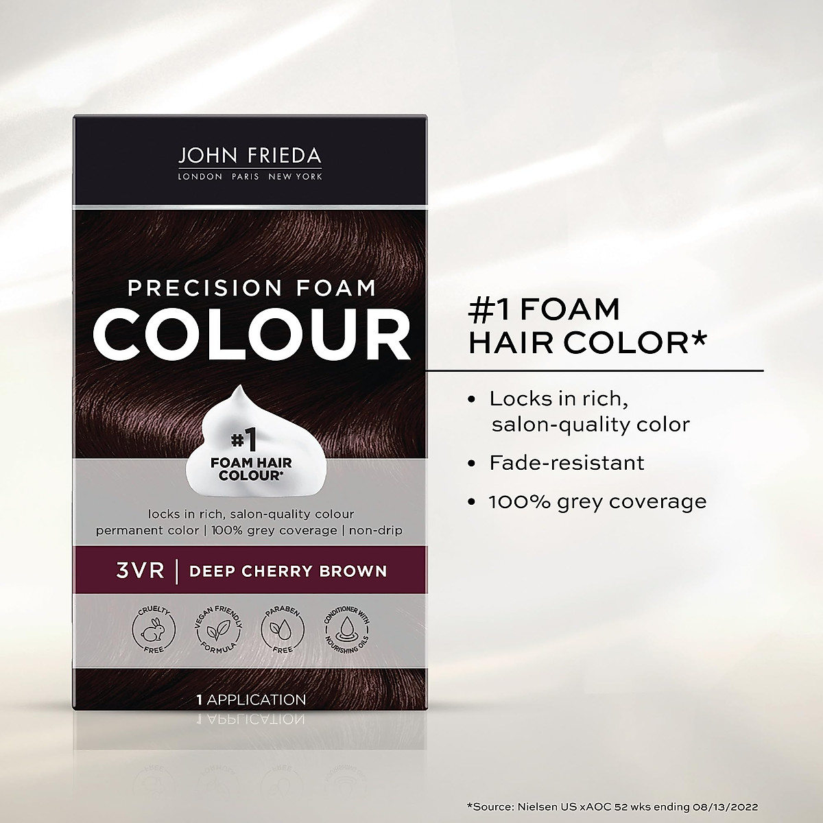 John Frieda Precision Foam Colour, Deep Cherry Brown 3VR, Full-coverage Hair Color Kit, Anti-Fade Gray Coverage, Deep Color Saturation Hair Dye, Pack of 2