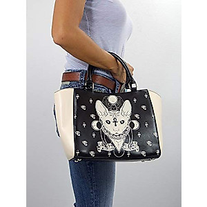 Lost Queen Gothic Bastet Sphynx Cat Occult Goth Satchel Handbag, Black, Cream, Small