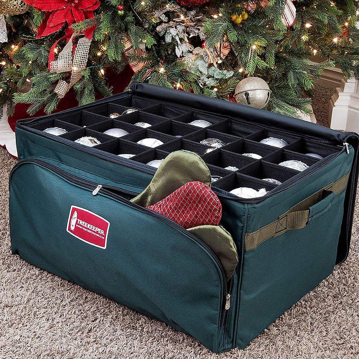 TreeKeeper (Green Christmas Ornament Storage Box with Dividers) - Deluxe Ornament Keeper - Holds 72 Ornaments up to 4 Inches in Diameter | 3 Removable Trays with Separators | Acid-Free Fabric Lining