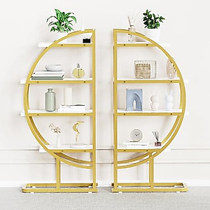 Vrullu Gold Bookshelf Set of 2, 4-tirer Storage Shelves with Steel Frame, Half Moon Display Bookcase Standing Organizer, Decorative Book Shelf with Adjustable Feet for Living Room, Hallway