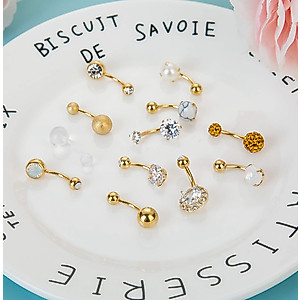 Masedy 12Pcs Belly Button Rings for Women Surgical Steel Curved Navel Barbell Rings Body Piercing Jewelry Gold