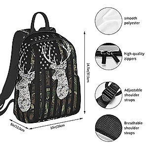 NiYoung Deer Camo Camouflage American Flag Hunting Casual Backpck Big Capacity Anti-Theft Multipurpose Bookbag Backpack Multipurpose Rucksacks for Teenage