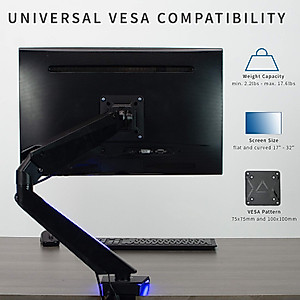 VIVO Premium Single 17 to 32 inch Gaming Pneumatic Monitor Arm Clamp-on Desk Mount Stand with Blue LED Lights, Max VESA 100x100, Black STAND-GM1BB