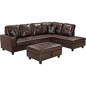 FANYE L-Shaped Corner 5 Seaters Sectional Sofa with Left Chaise & Storage Ottoman,Modern Faux Leather Sectional & Sofa Couch with 2 Pillows for Home Office Apartment Living Room Furniture Sets, Brown