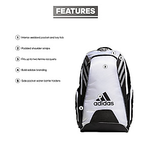 adidas Tour Tennis Racquet Backpack, Black/White/Silver Metallic, One Size