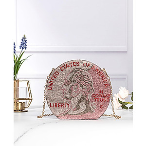 Covelin Women's Dollar Coin Handbag Rhinestone Purse Evening Clutch Bag Pink