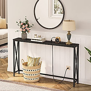 MAHANCRIS 55.1" Console Table with Power Outlet, Narrow Sofa Table, Farmhouse Sofa Couch Table with Charging Station, Sturdy and Durable, for Entryway, Living Room, Foyer, Black CTHB8301