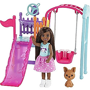 Barbie Chelsea Swing Set Playset with Chelsea Doll (6 in Brunette) Wearing Star-Print Skirt, Pet Puppy, Swing & Slide, Gift for 3 to 7 Year Olds