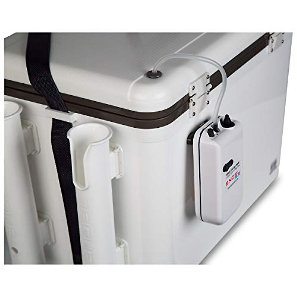 Engel 30qt Live Bait Cooler Box with 2nd Gen 2-Speed Portable Aerator Pump and 4 x Fishing Rod Holder Attachments. Fishing Bait Station and Minnow Bucket in LBC30-RH in White