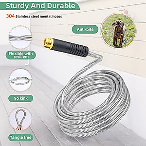 Metal Garden Hose 100ft, Yumatum 304 Stainless Steel Water Hose With 2 Hose Extension Adapter, 2-Ways Hose Splitter and 10-Function Nozzle, 3/4'' Fittings, No Tangle & Kink for Outdoor