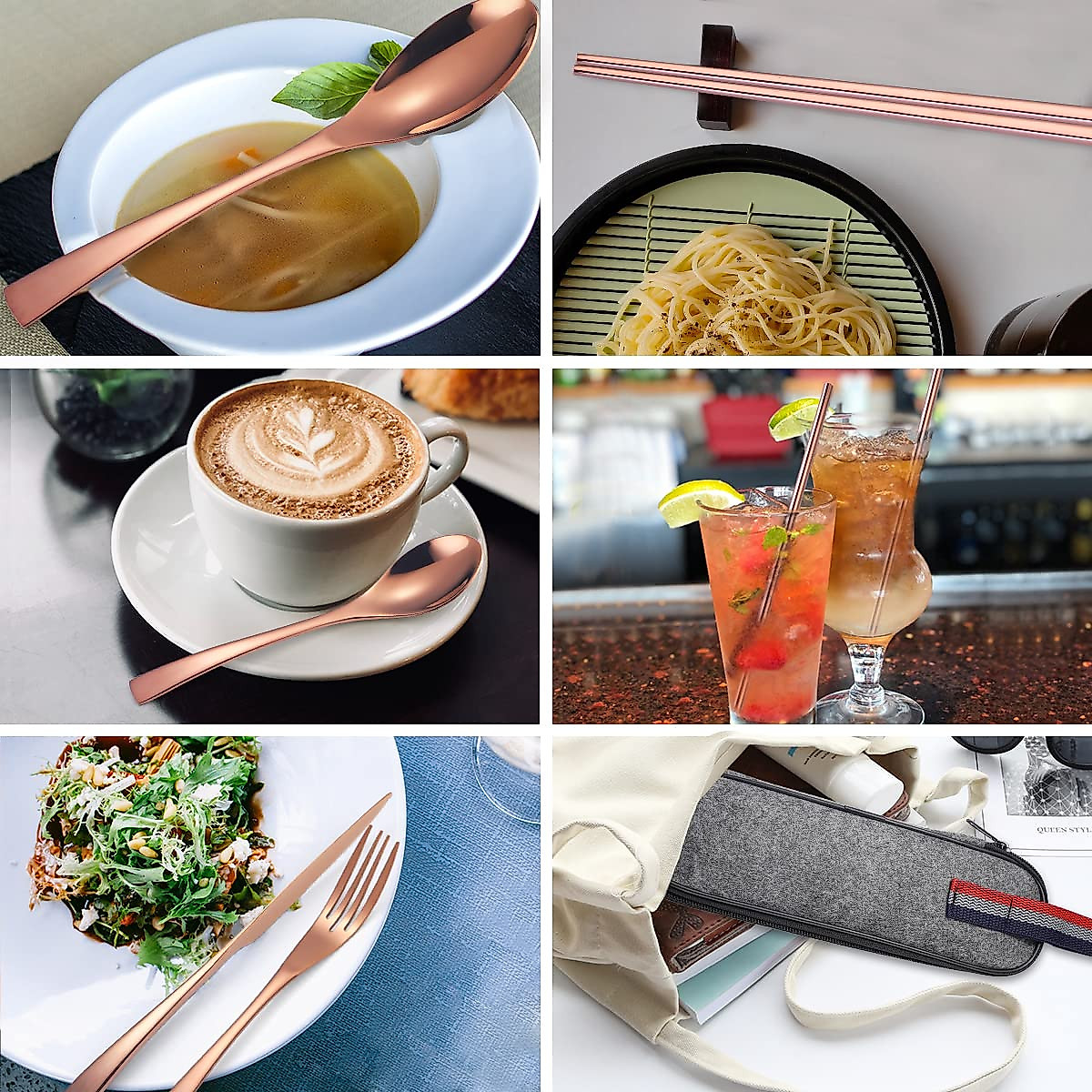 MURRI&MURRDI 7 Pieces Reusable Utensils Set with Case Portable Cutlery Set Stainless Steel Travel Utensils Including Knife Fork Spoon Chopsticks Straws Brush,Dishwasher Safe(7 Rose golden)