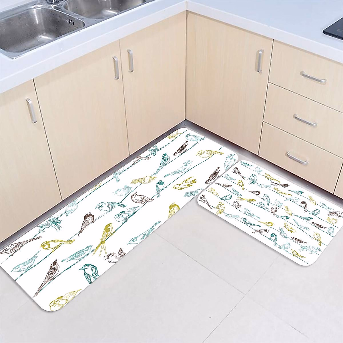 LooPoP Birdies On Wire Kitchen Mats for Floor Cushioned Anti Fatigue 2 Piece Set Kitchen Runner Rugs Non Skid Washable Animal Bird Print Design 19.7x31.5+19.7x47.2
