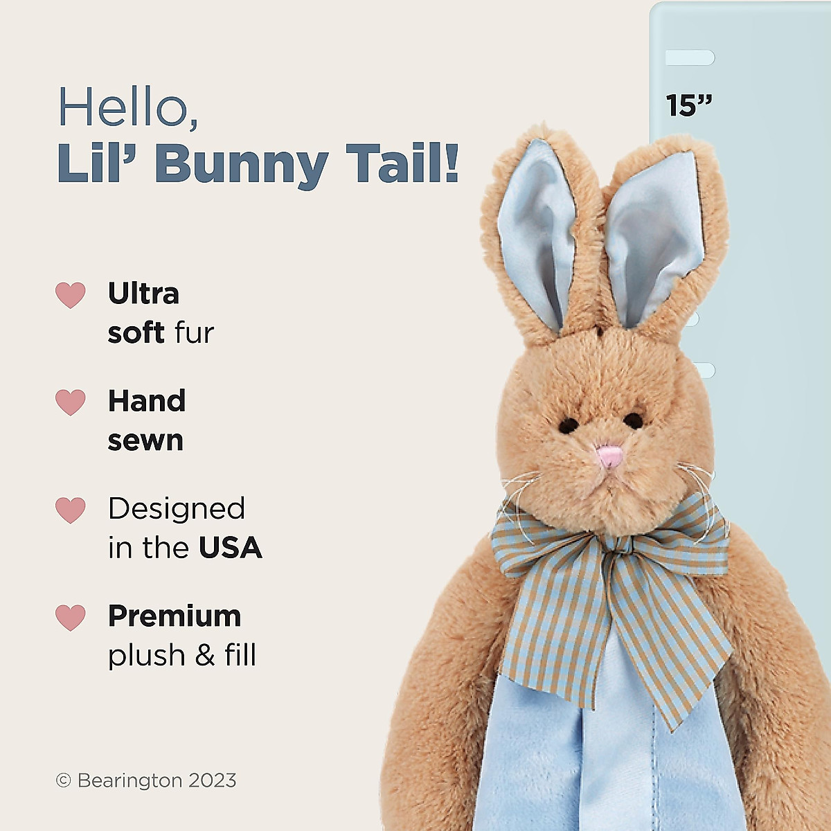 Bearington Baby Bunny Tail Snuggler, 15 Inch Blue Rabbit Plush Stuffed Animal Security Blanket Lovey for Babies