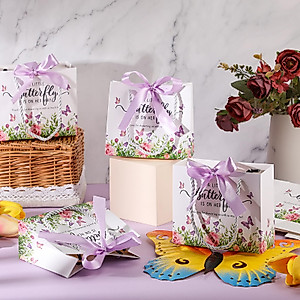 Spakon 25 Pack Butterfly Baby Shower Party Favors Butterfly Gift Bags Butterfly Goodie Bags Butterfly Party Bags with Handles and Bow Ribbon Baby Shower Party Gift Bag for Baby Shower Return Gift