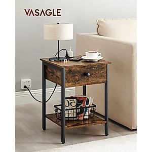VASAGLE Nightstand with Charging Station, Side Table with Drawer and Open Shelf, End Table, for Bedroom, Easy Assembly, Industrial, Plug-in Series, Rustic Brown and Black ULET513B01