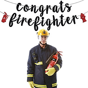 Congrats Firefighter Banner, Class of 2024/Congrats Grad, Fire Department Graduation Party Decoration Supplies for Fireman, Black Glitter