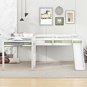 Harper & Bright Designs L-Shape Loft Beds with Slide, Twin Loft Bed Frame Corner Bunk Bed for 2 Kids, Wood White Loft Bed for Girls Boys Teens