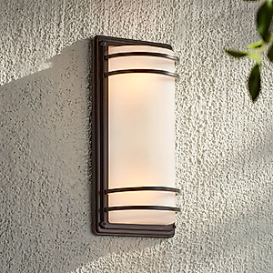 John Timberland Habitat Modern Industrial Outdoor Wall Light Fixture Rubbed Bronze Steel 16" Opal Etched Glass for Exterior House Porch Patio Outside Deck Garage Yard Front Door Garden Home