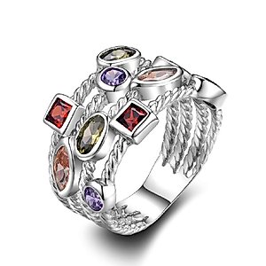 ZJQZBSS 925 Sterling Silver Shiny Full Diamond Cross Ring Colorful Geometric Gem Ring Cubic Zirconia Ring CZ Diamond Multi-Row Ring Eternal Engagement Wedding Ring Women's Jewelry Gift (Size 10)