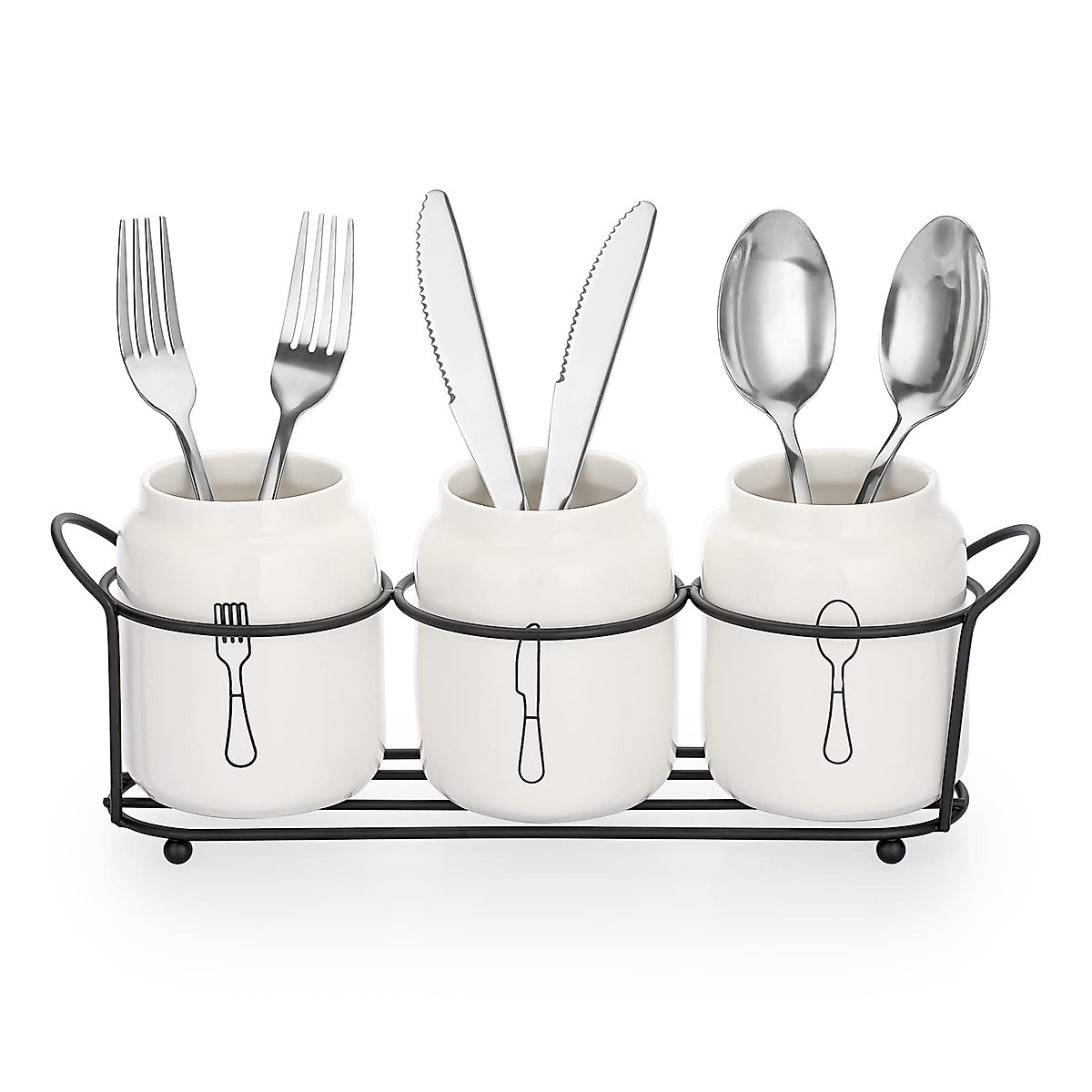 JUXYES Set of 3 Ceramic Silverware Holder for Countertop, White Flatware Organizer Utensil Holder With Black Metal Rack, Flatware Caddy Cutlery Holder Silverware Organizer for Kitchen Dining Tables