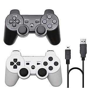 Rzzhgzq 2 Pack PS3 Wireless Controller Playstation 3 Controller Wireless Bluetooth Gamepad with USB Charger Cable for PS3 Console (Black+White)