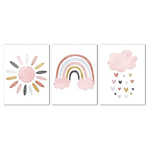 Sun Rainbow Canvas Wall Art Nursery Pink Rainbow Print Sun and Rainbow Nursery Wall Art Sun and Clouds Painting Light Pink Rainbow and Sun Art Nordic Pictures Girls Room Decor 12x16inch X3pcs No Frame