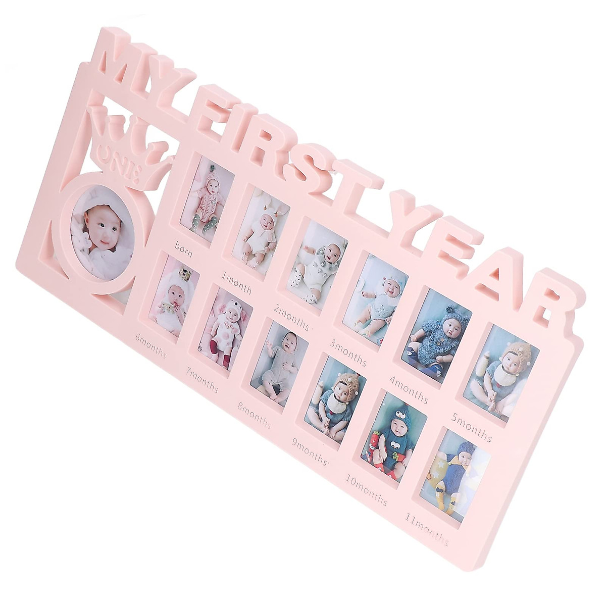 CHICIRIS Newborn Baby First Year Picture Frame with 12 Month Slots, Baby Monthly Collage Keepsake Frame for Photo Memories, White(pink)