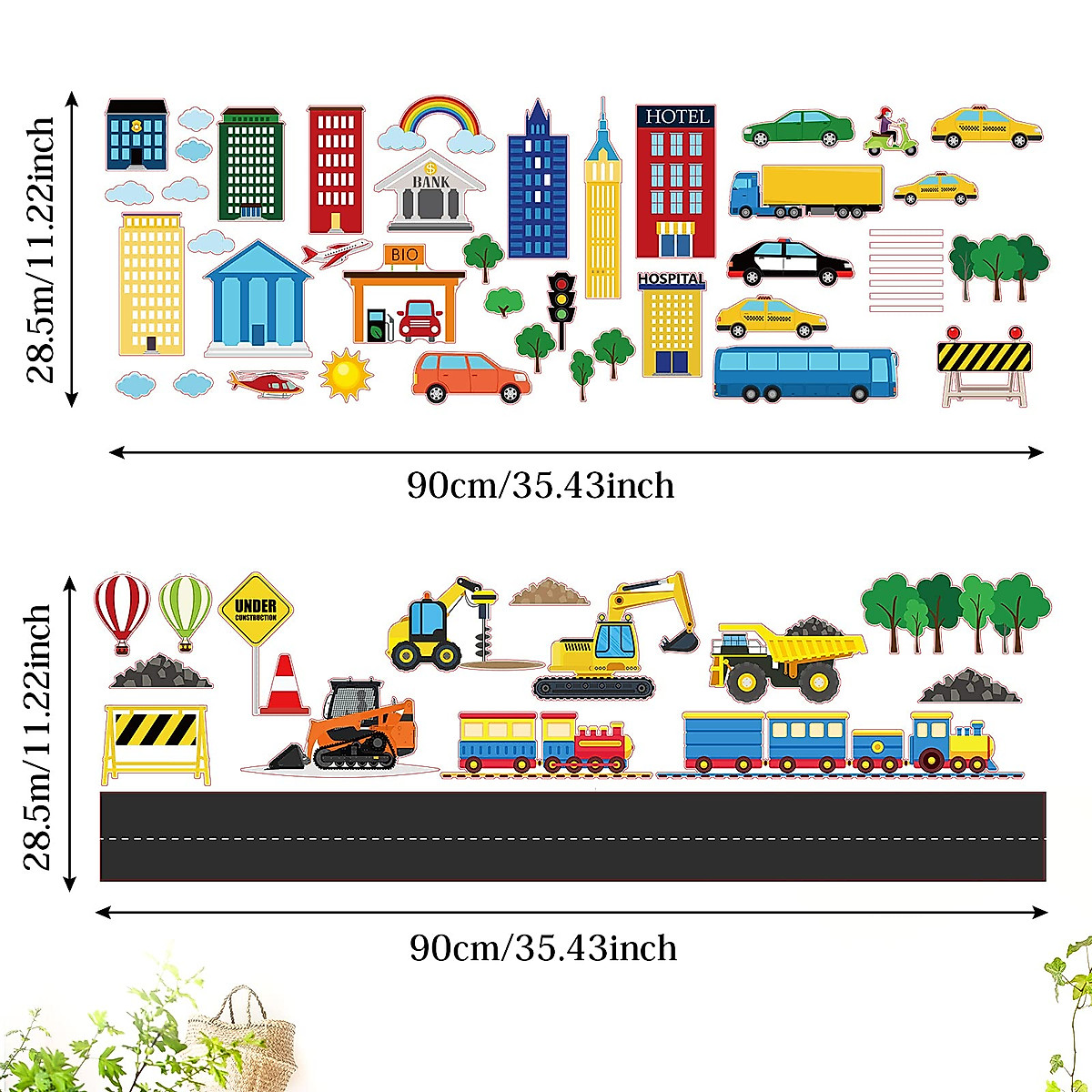 Transportation Wall Decals Construction Wall Stickers Vehicle Tractor Cars Trucks Excavator Stickers Peel and Stick Transportation and City Scene Decals for Kids Nursery Bedroom Living Room Playroom