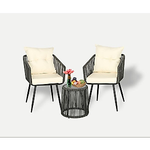 Furnivilla 3 Piece Patio Set Patio Furniture Wicker Patio Chairs and Tempered Glass Table for Balcony Backyard Garden(Beige)